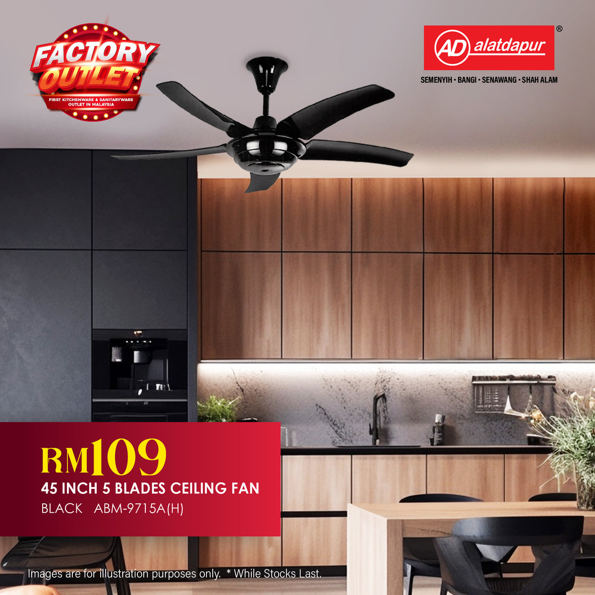 [ABM-9715A] 45 Inch 5 Blades Ceiling Fan Gun Metal — AlatDapur